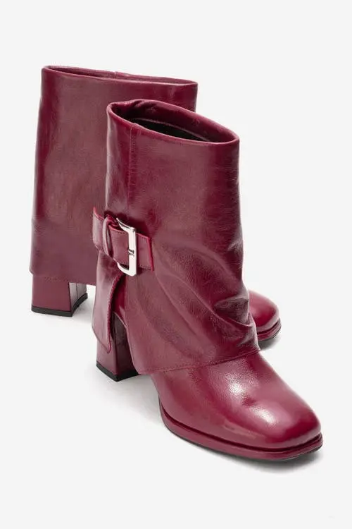 FOREVER & ALWAYS SHOES Lore Leather Buckle Boots - Burgundy Patent
