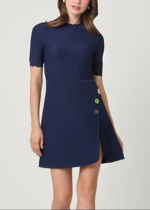 Shoshanna Celeste Flower Embellished Knit Dress - Navy