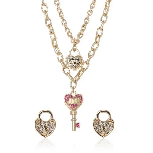 Juicy Couture Key Charm Layered Necklace And Lock Earring Set - Gold Tone
