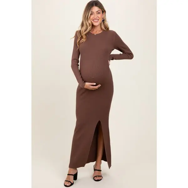 PINKBLUSH Ribbed Knit Long Sleeve Side Slit Maxi Dress - Mocha
