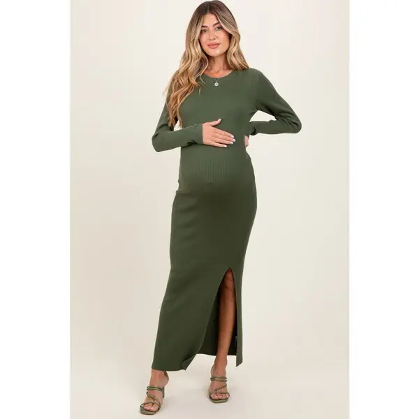 PINKBLUSH Ribbed Knit Long Sleeve Side Slit Maxi Dress - Olive Green