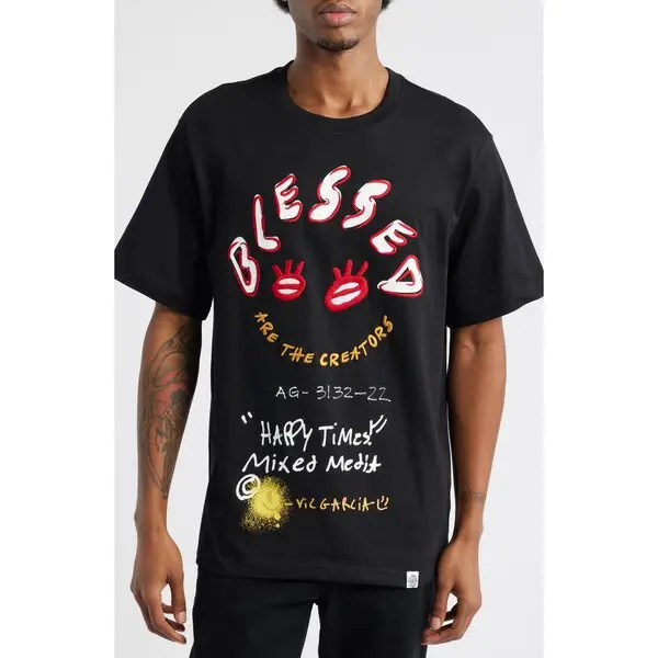 VIC GARCIA WORLD Blessed Embroidered Cotton Graphic T-shirt - Black