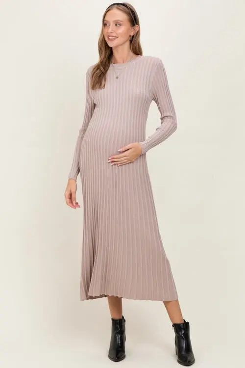 PINKBLUSH Ribbed Long Sleeve Sweater Midi Dress - Beige