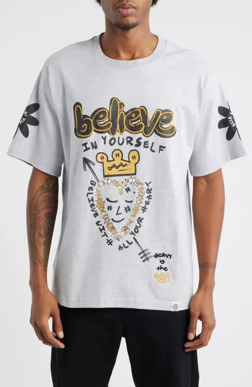 VIC GARCIA WORLD Believe In You Embroidered Graphic T-shirt - Heather Gray