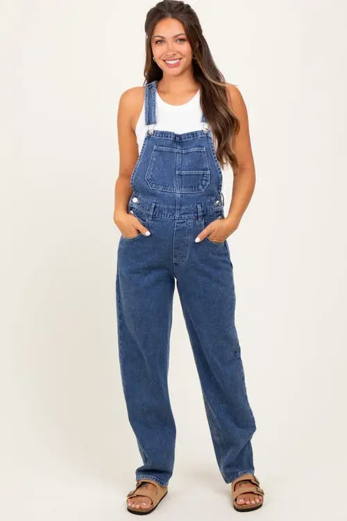 PINKBLUSH Wash Rolled Cuff Denim Overalls - Blue