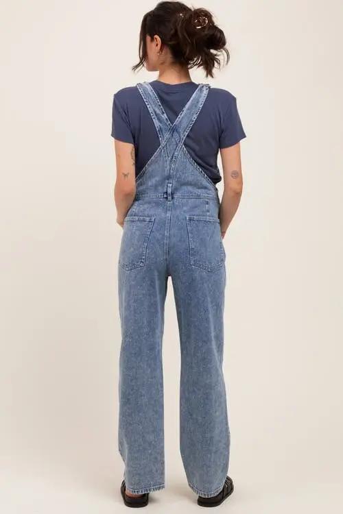 PINKBLUSH Wash Rolled Cuff Denim Overalls - Light Blue