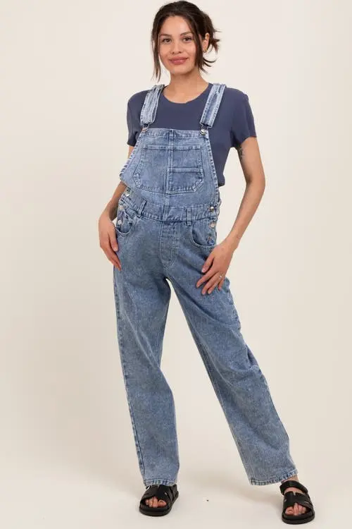 PINKBLUSH Wash Rolled Cuff Denim Overalls - Light Blue