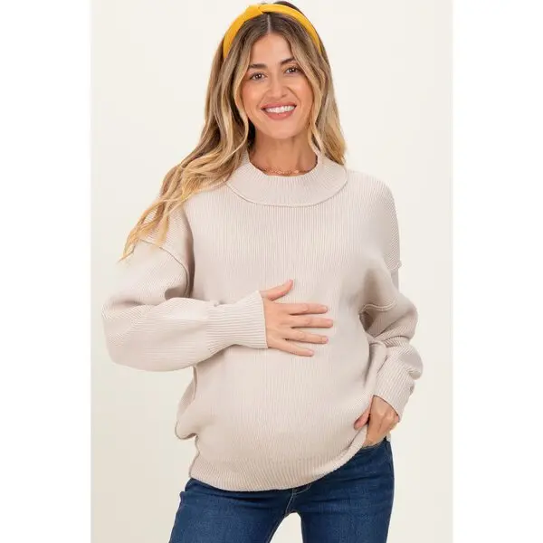 PINKBLUSH Wide Neck Drop Shoulder Sweater - Beige