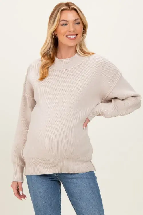PINKBLUSH Wide Neck Drop Shoulder Sweater - Beige