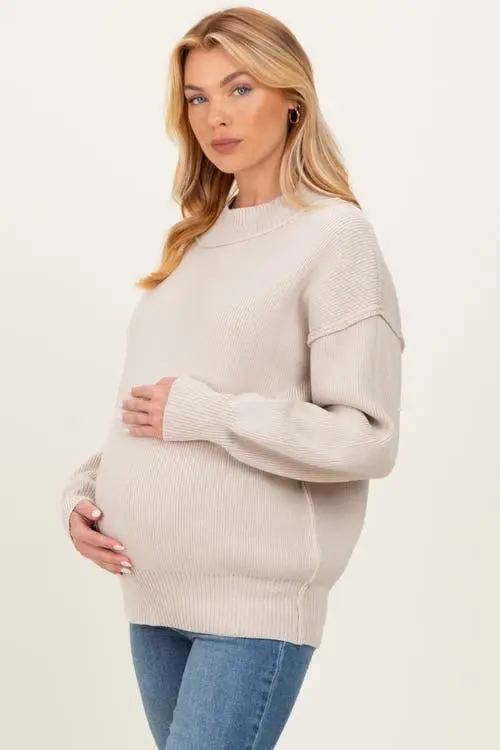 PINKBLUSH Wide Neck Drop Shoulder Sweater - Beige