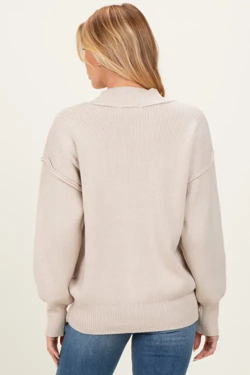 PINKBLUSH Wide Neck Drop Shoulder Sweater - Beige