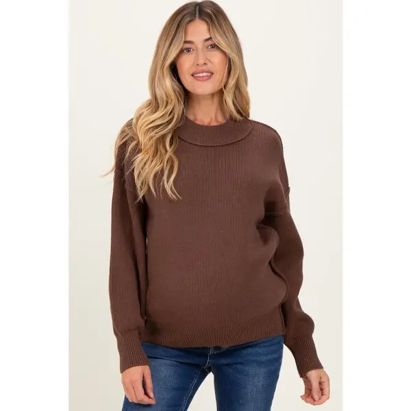 PINKBLUSH Wide Neck Drop Shoulder Sweater - Brown