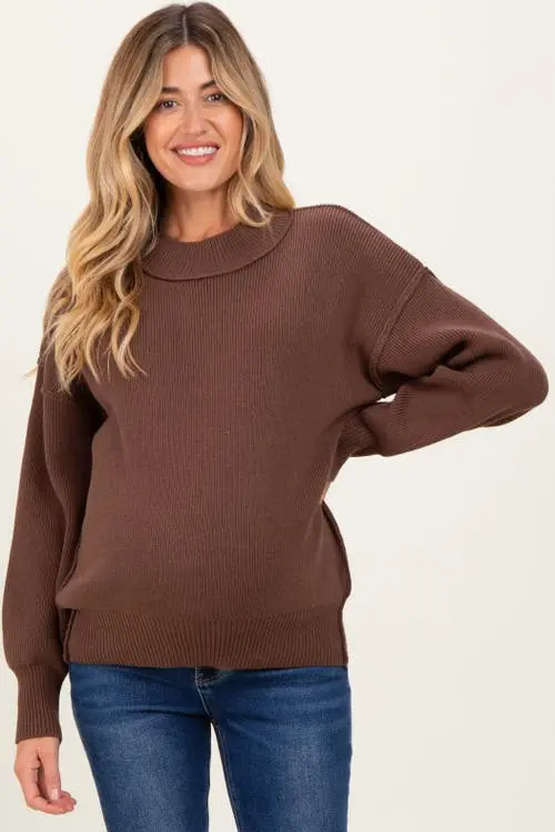 PINKBLUSH Wide Neck Drop Shoulder Sweater - Brown