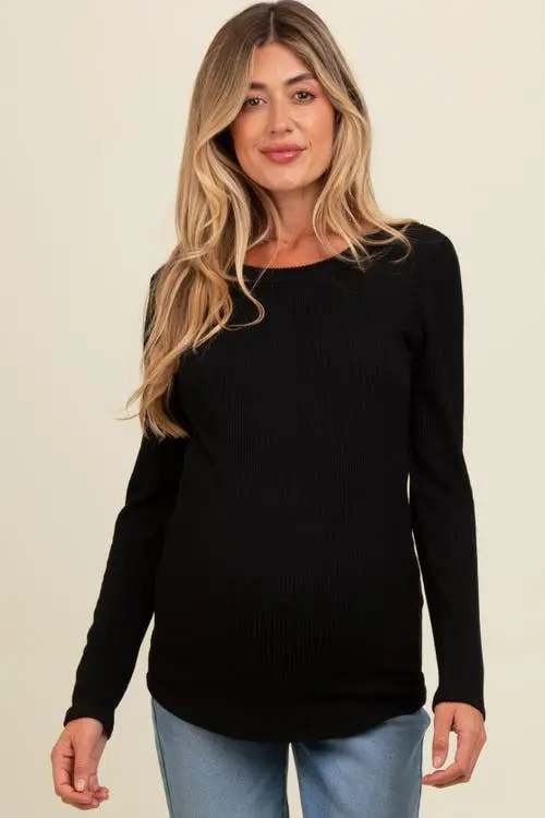 PINKBLUSH Ribbed Scoop Neck Long Sleeve Top - Black