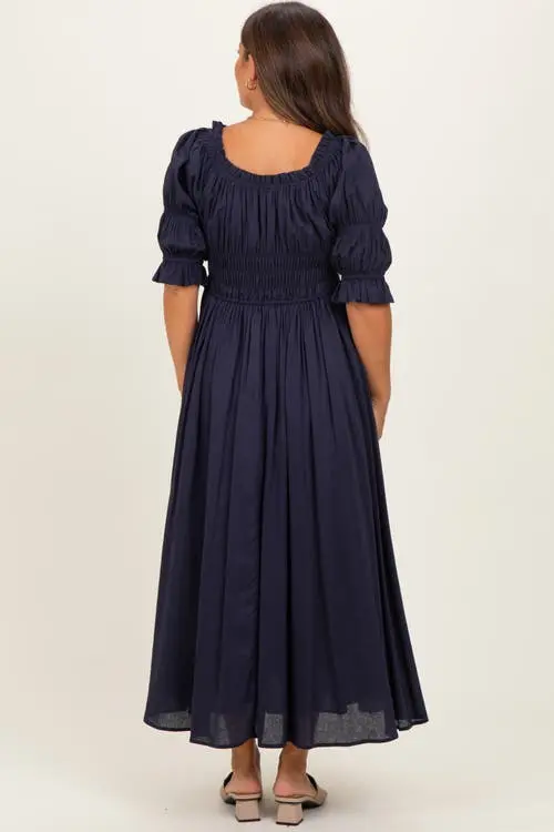 PINKBLUSH Smocked Ruffle Square Neck Midi Dress