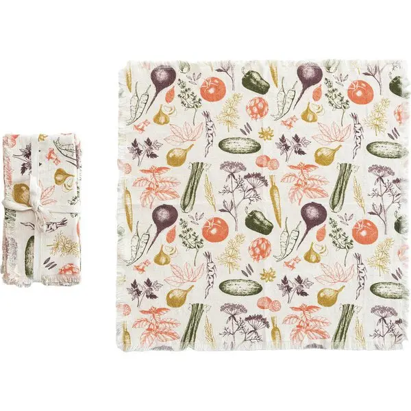STORIED HOME Vegetable Print Napkins With Fringe - White