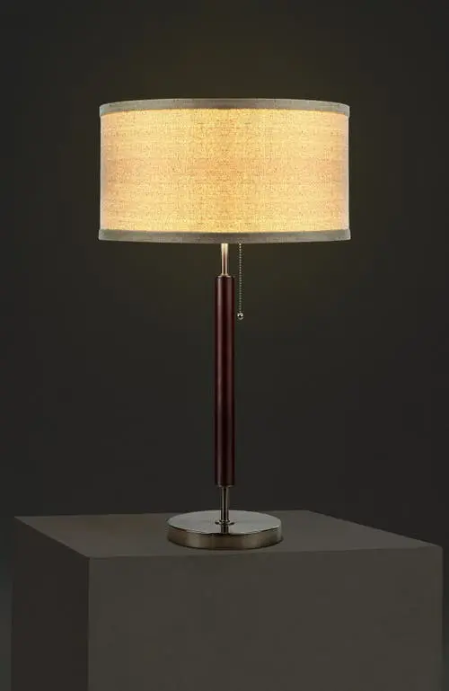 BRIGHTECH Carter 26" Linen And Woodgrain Table Lamp With Pull Chain Switch