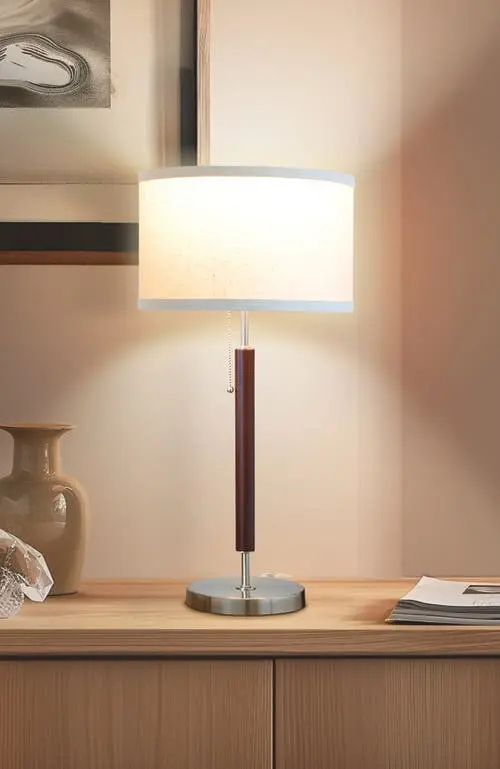BRIGHTECH Carter 26" Linen And Woodgrain Table Lamp With Pull Chain Switch