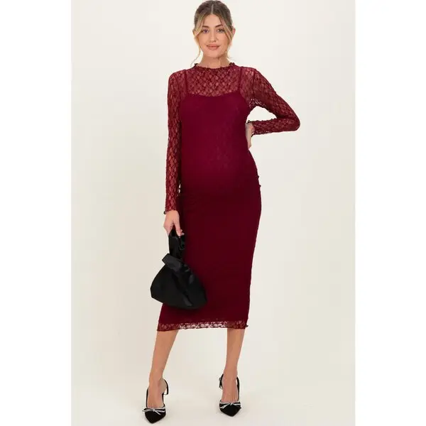 PINKBLUSH Lace Overlay Fitted Maternity Midi Dress