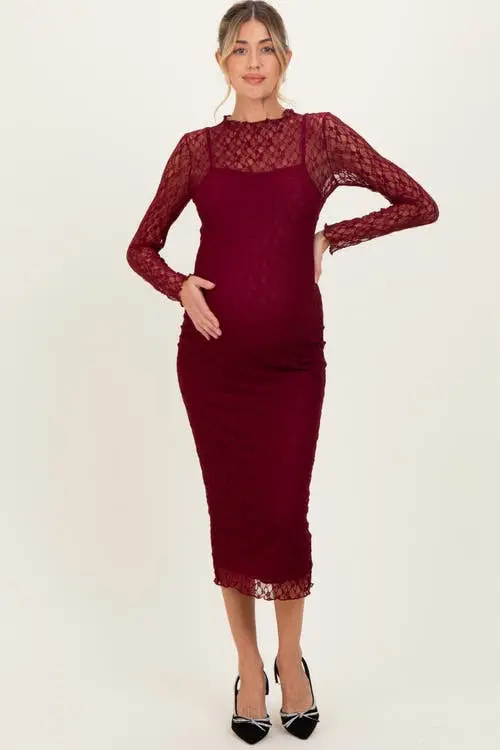 PINKBLUSH Lace Overlay Fitted Maternity Midi Dress