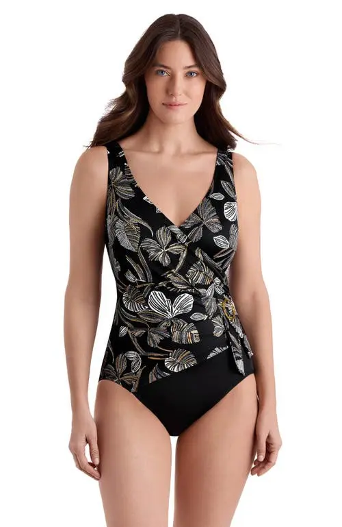 LONGITUDE Buckle Shirred Surplice Long Torso One-piece Swimsuit - Gilded Garden