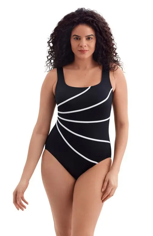 LONGITUDE Fan Tank Modern Leg One-piece Swimsuit - Black And White