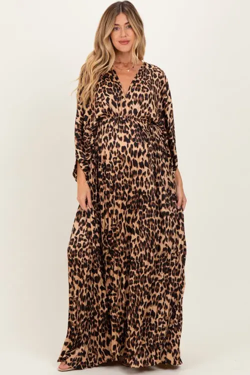 PINKBLUSH Pleated V Neck Leopard Print Maxi Dress
