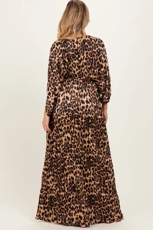 PINKBLUSH Pleated V Neck Leopard Print Maxi Dress