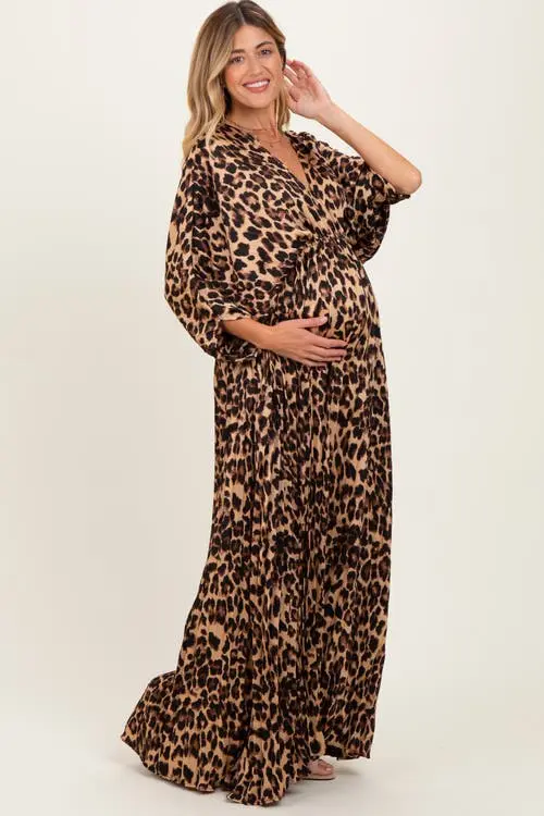 PINKBLUSH Pleated V Neck Leopard Print Maxi Dress