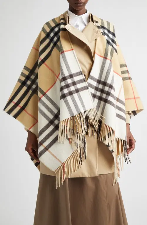 Burberry Ekd Check Double Face Cashmere & Wool Fringe Cape - Sand/pebble White