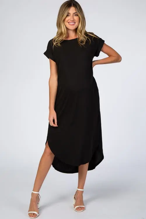 PINKBLUSH Ribbed Midi Dress With Curved Hem And Short Sleeves - Black