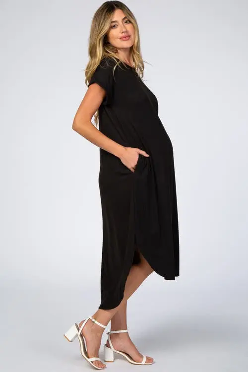 PINKBLUSH Ribbed Curved Hem Midi Dress - Black