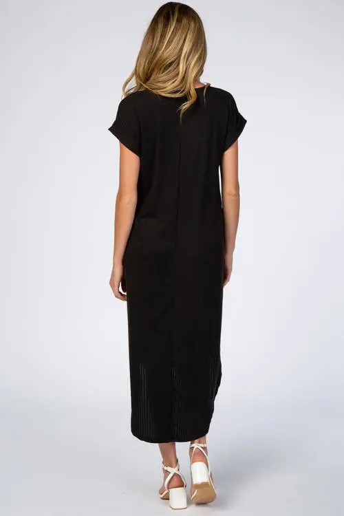 PINKBLUSH Ribbed Curved Hem Midi Dress - Black
