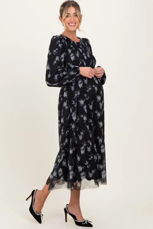 PINKBLUSH Floral Mesh Smocked Maternity Midi Dress