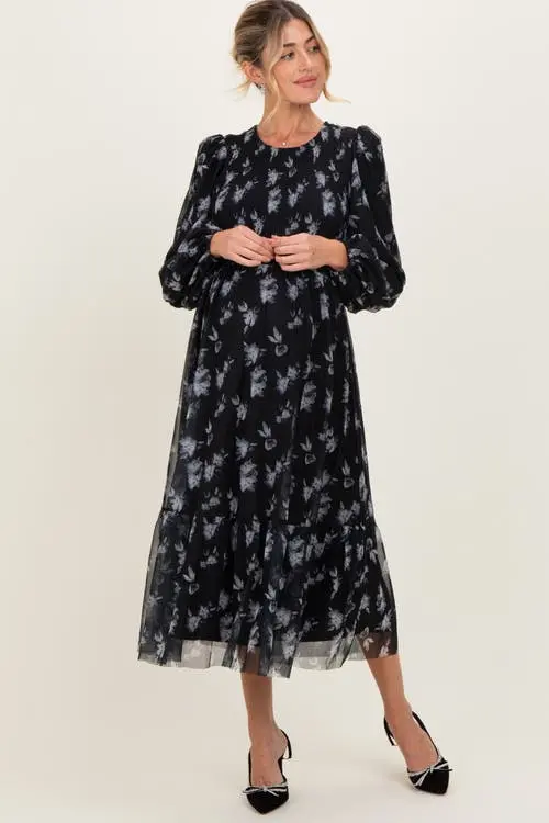 PINKBLUSH Floral Mesh Smocked Maternity Midi Dress