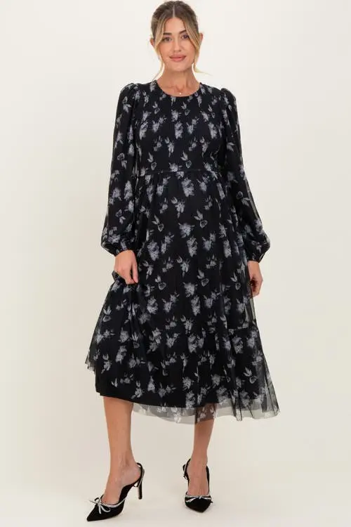 PINKBLUSH Floral Mesh Smocked Maternity Midi Dress