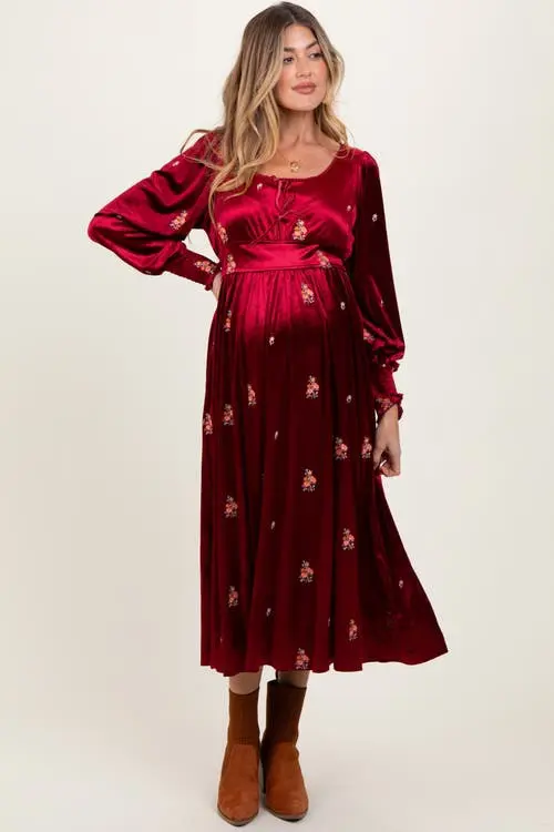 PINKBLUSH Velvet Embroidered Floral Maternity Midi Dress - Red