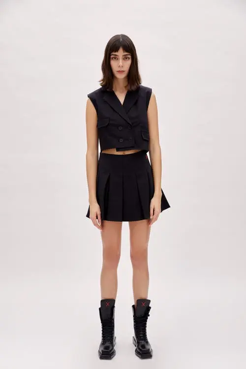 PCFG Pleated Cotton Skirt - Black