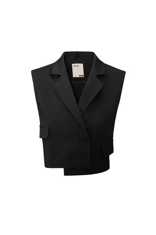 PCFG Woven Crop Vest With Notched Lapel And Button Detail - Black