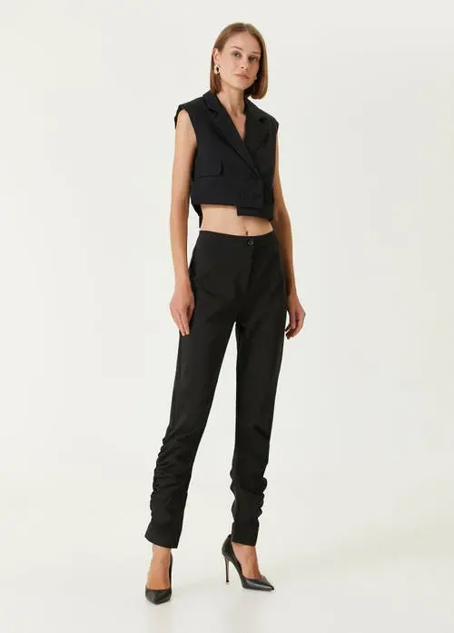 PCFG Woven Crop Vest With Notched Lapel And Button Detail - Black