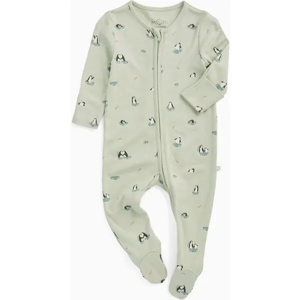 MORI Penguin Print Zip-up Sleepsuit - Mint Penguin