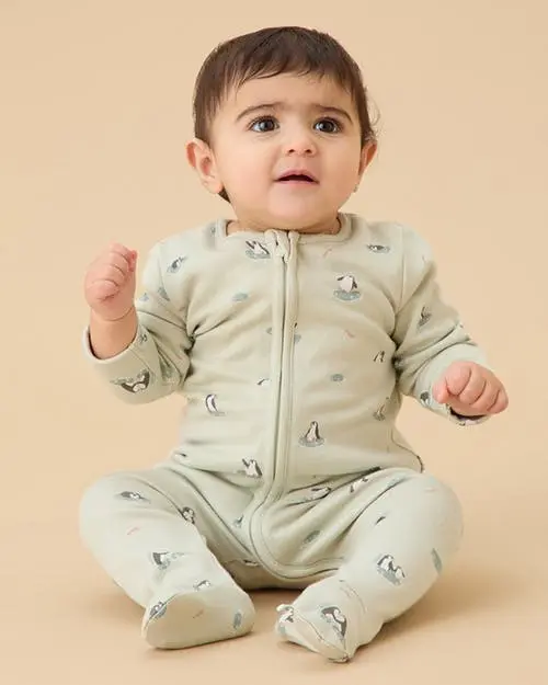 MORI Penguin Print Zip-up Sleepsuit