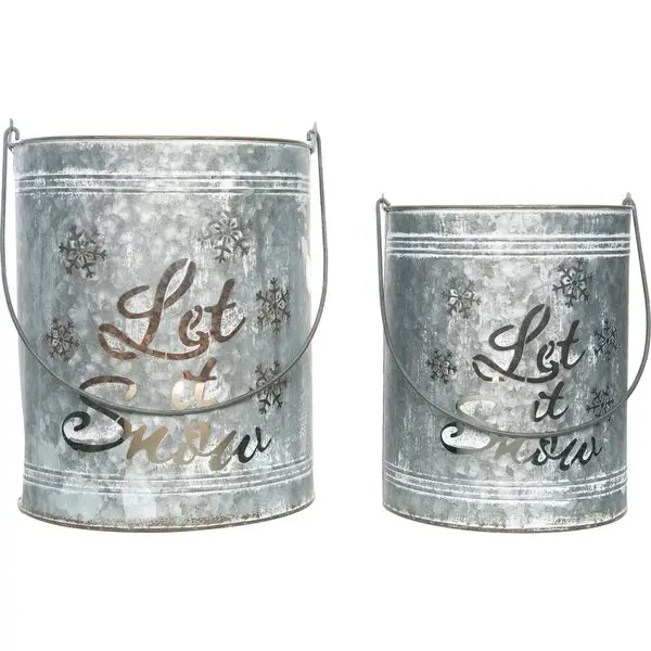 TRANSPAC Christmas Let It Snow Bucket Lanterns Set Of 2 Metal - Silver