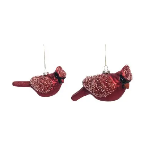 TRANSPAC Holiday Glitter Cardinal Ornament Set Of 2 Glass Ornaments - Red