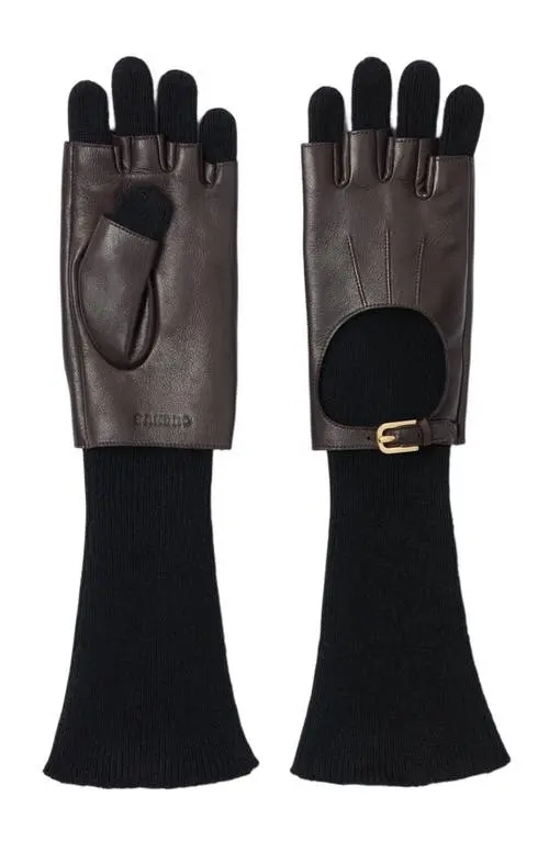 Sandro Long Knit And Leather Gloves - Black