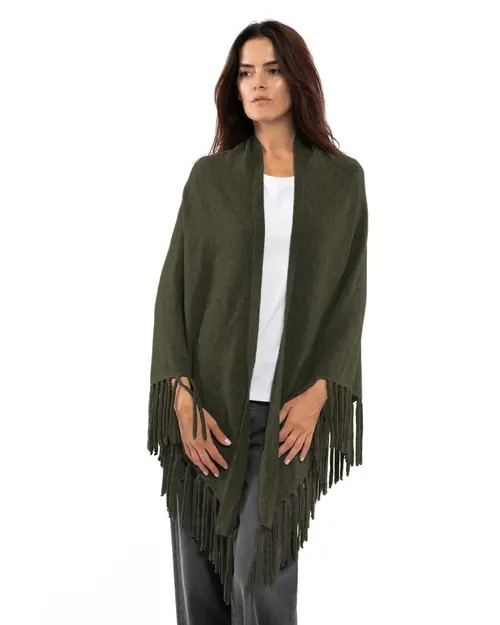 MONTICELLI CASHMERE Pure Cashmere Fringe Wrap - Olive Green