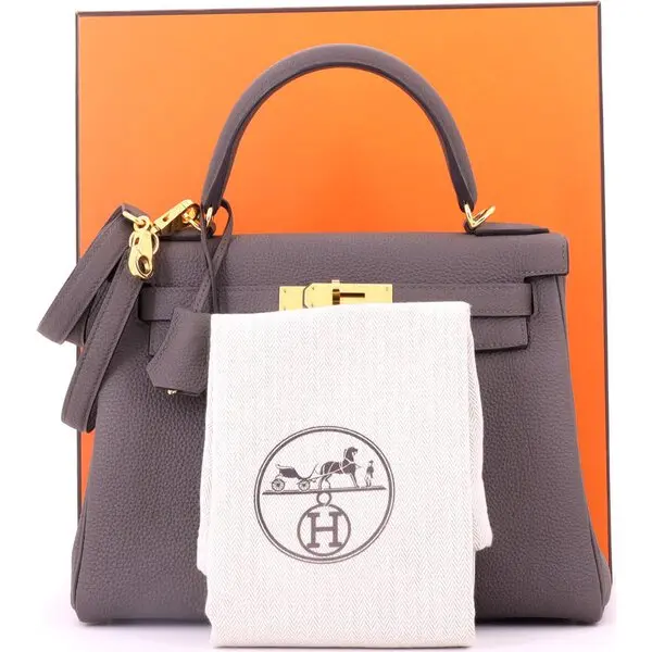 HERMES Kelly Handbag Grey Togo 28 - Etain