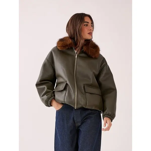 Nasty Gal Faux Fur Collar Oversized Bomber Jacket - Khaki