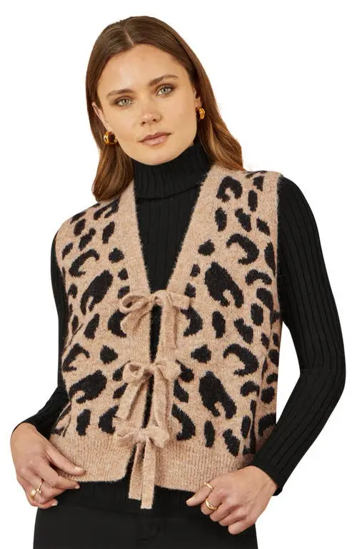YUMI Knitted Cheetah Print Tie Waistcoat - Beige