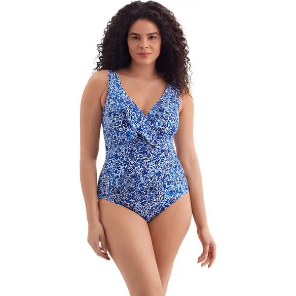 LONGITUDE Ruffle Front Surplice One-piece Swimsuit - Fine China